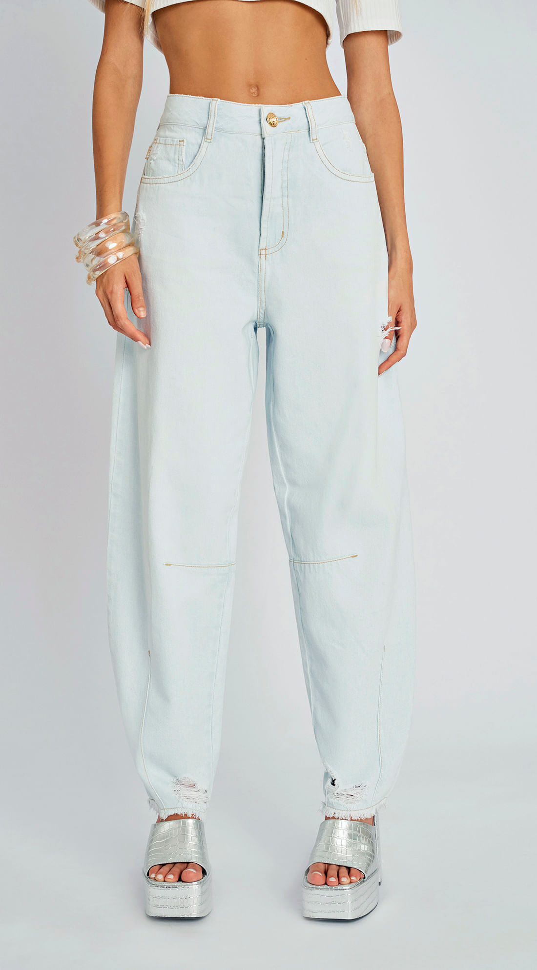 Calca Zinco New Shape Cós Alto Com Puídos Jeans