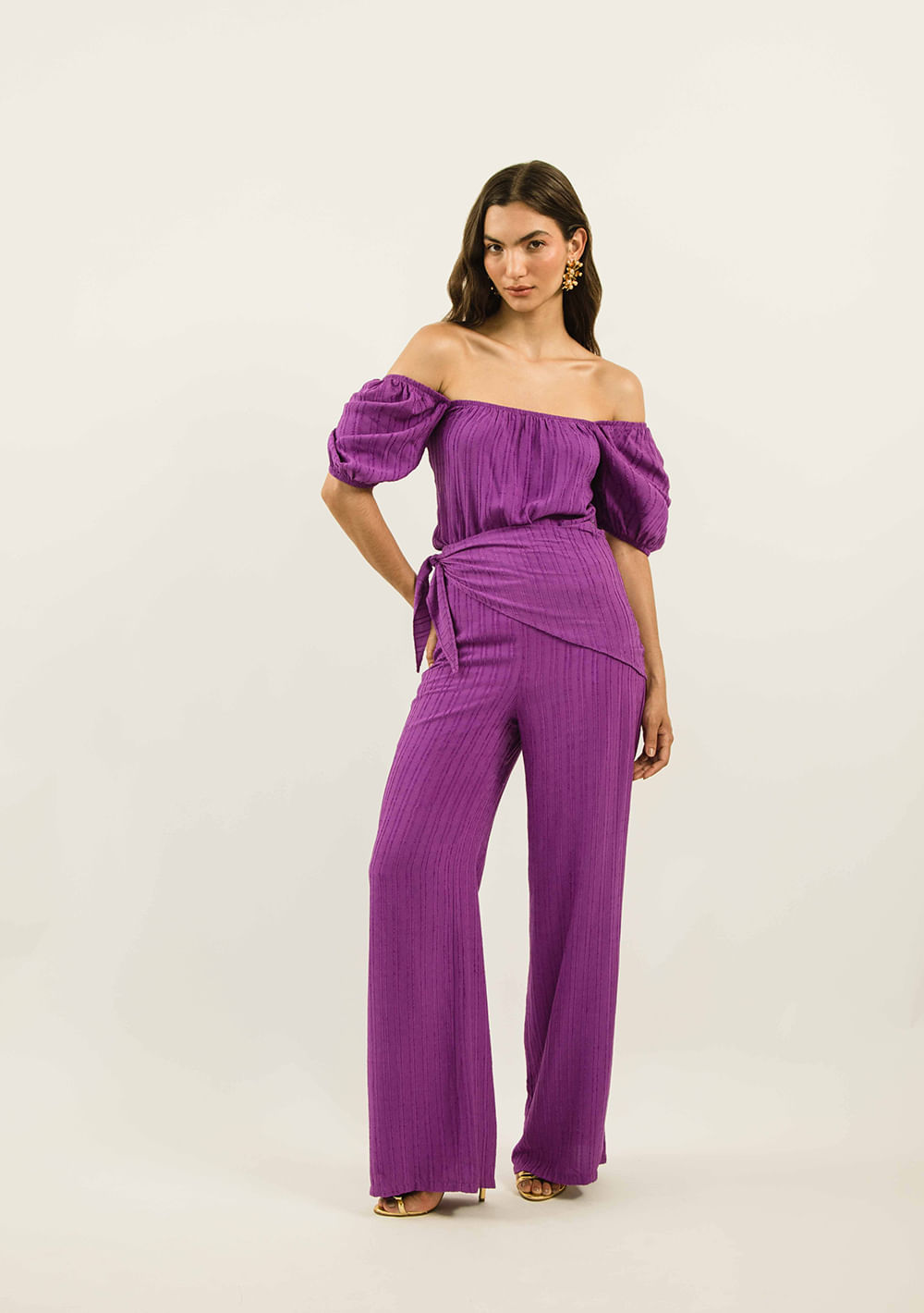Calça Zinco Pantalona Cós Alto Com Lenço Roxo