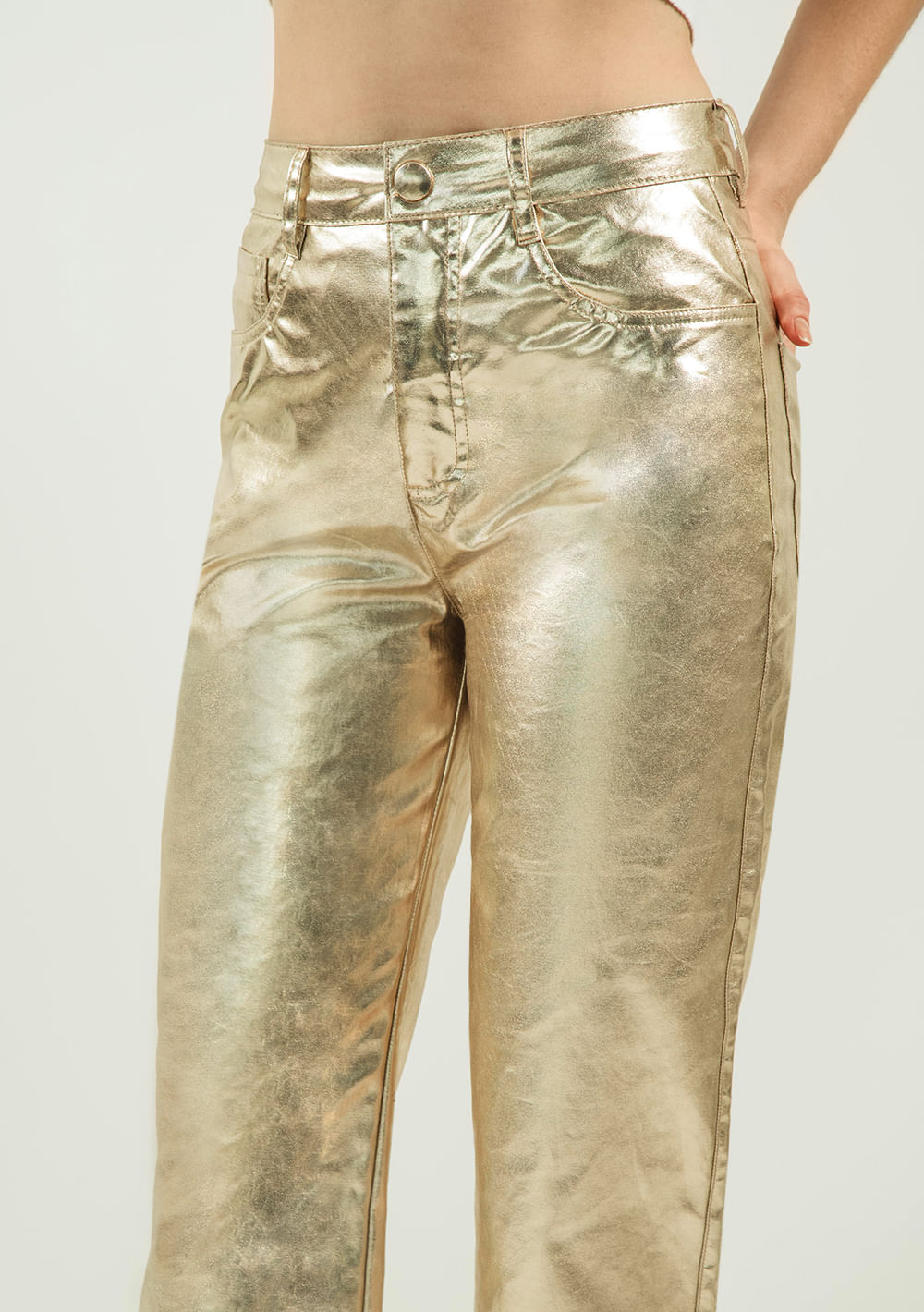 Calca Zinco Reta Cós Alto Resinada Dourado