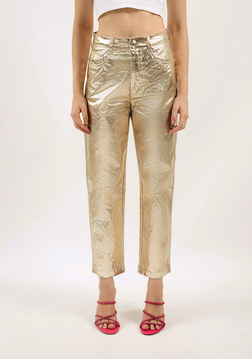 Calça Zinco Reta Cós Alto Resinada Dourado