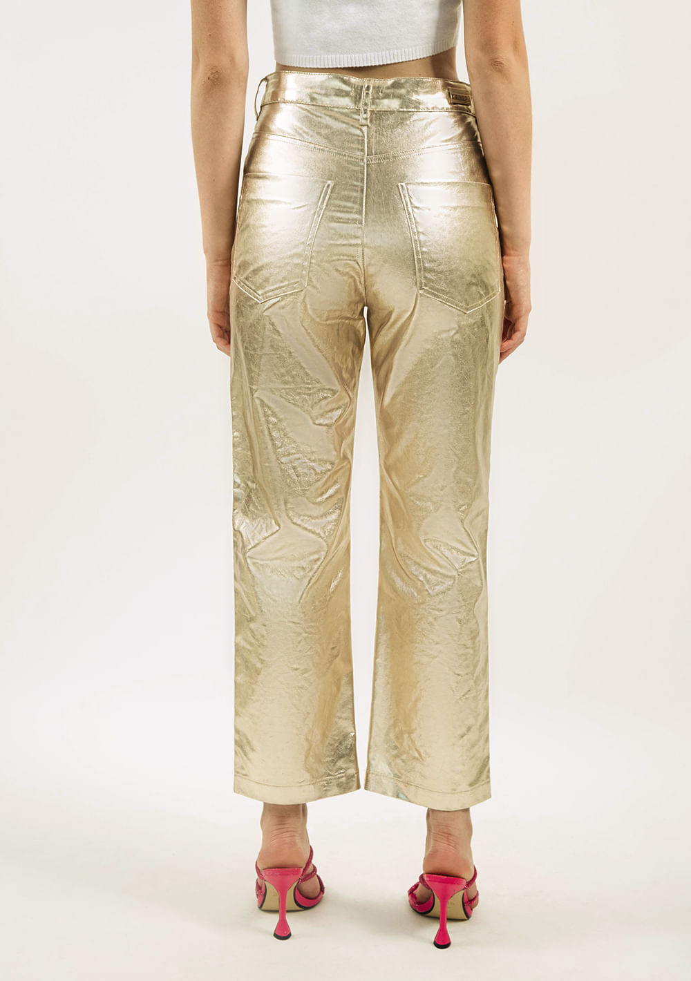 Calça Zinco Reta Cós Alto Resinada Dourado