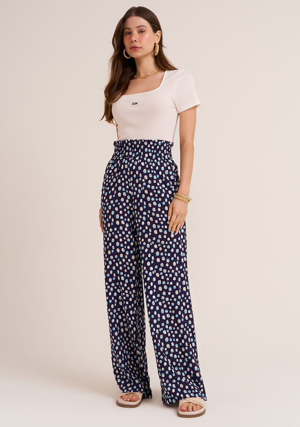 Calça Zinco Pantalona Cós Clochard Com Elástico Azul Marinho