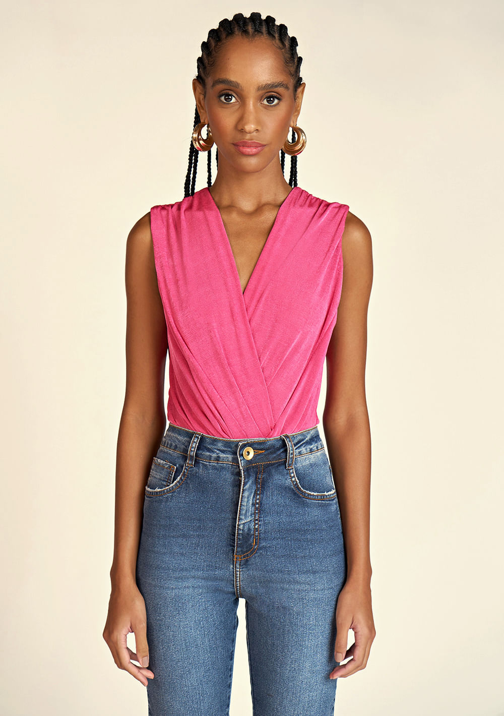 Body Zinco Decote V Cavado Com Pregas Rosa