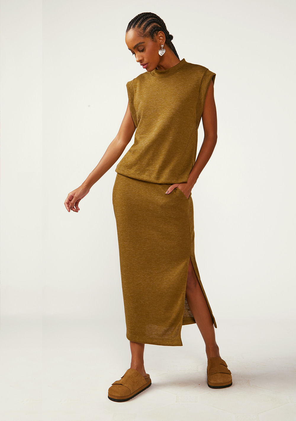 Saia Zinco Reta Alta Midi Verde